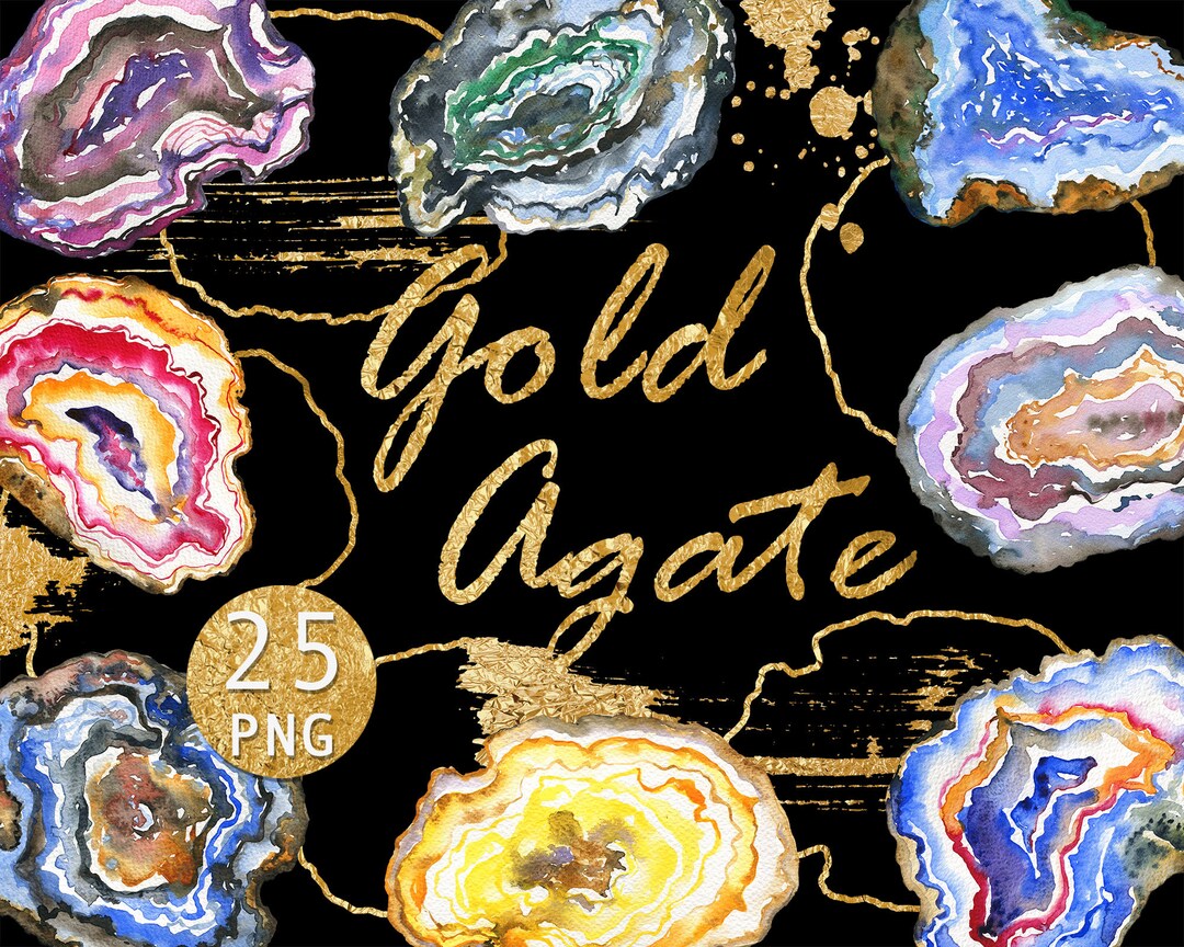 Watercolor Agates Clipart Gold Frames Gemstone Elements Watercolor ...
