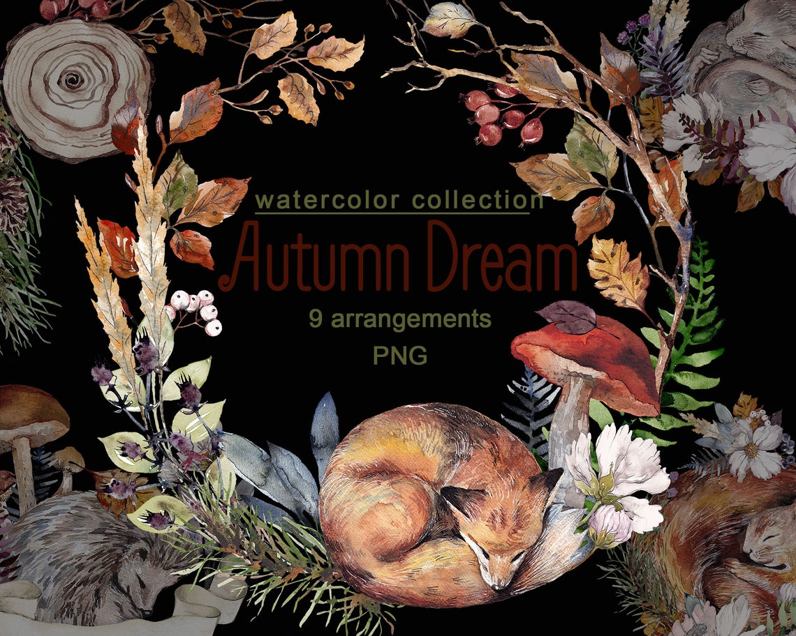 Woodland Animals Clipart Forest Autumn Compositions With Watercolor Fox ...