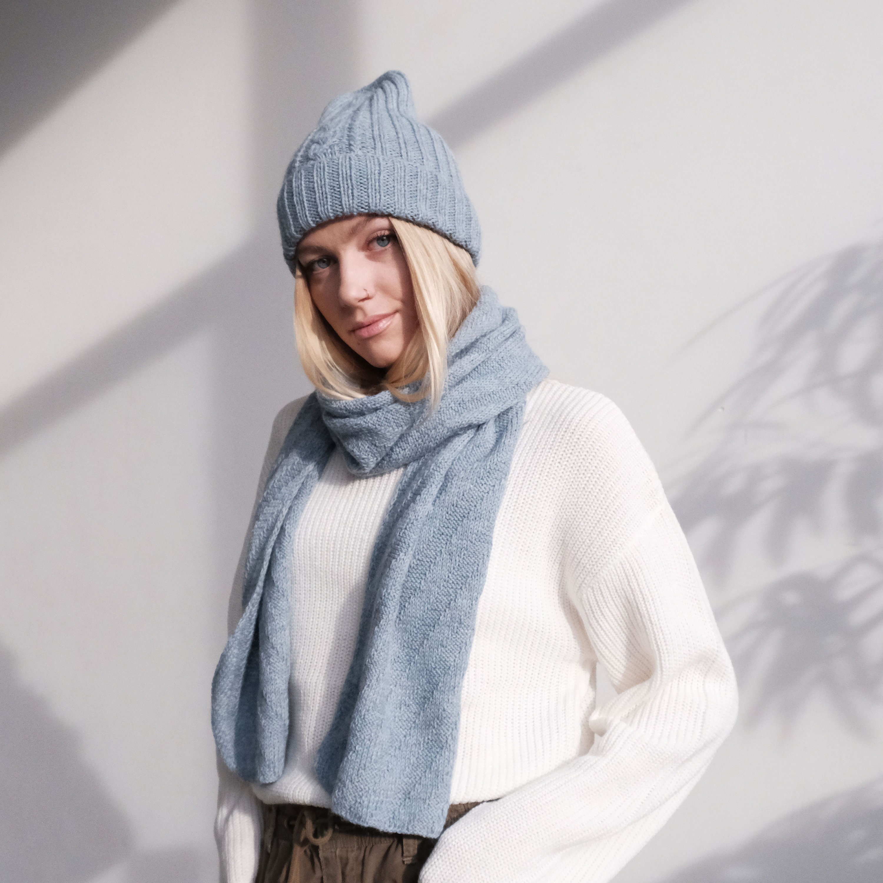 Wool Hand Made Winter Scarf Blue Gray, Ready to Ship Cable Knitted Soft ...