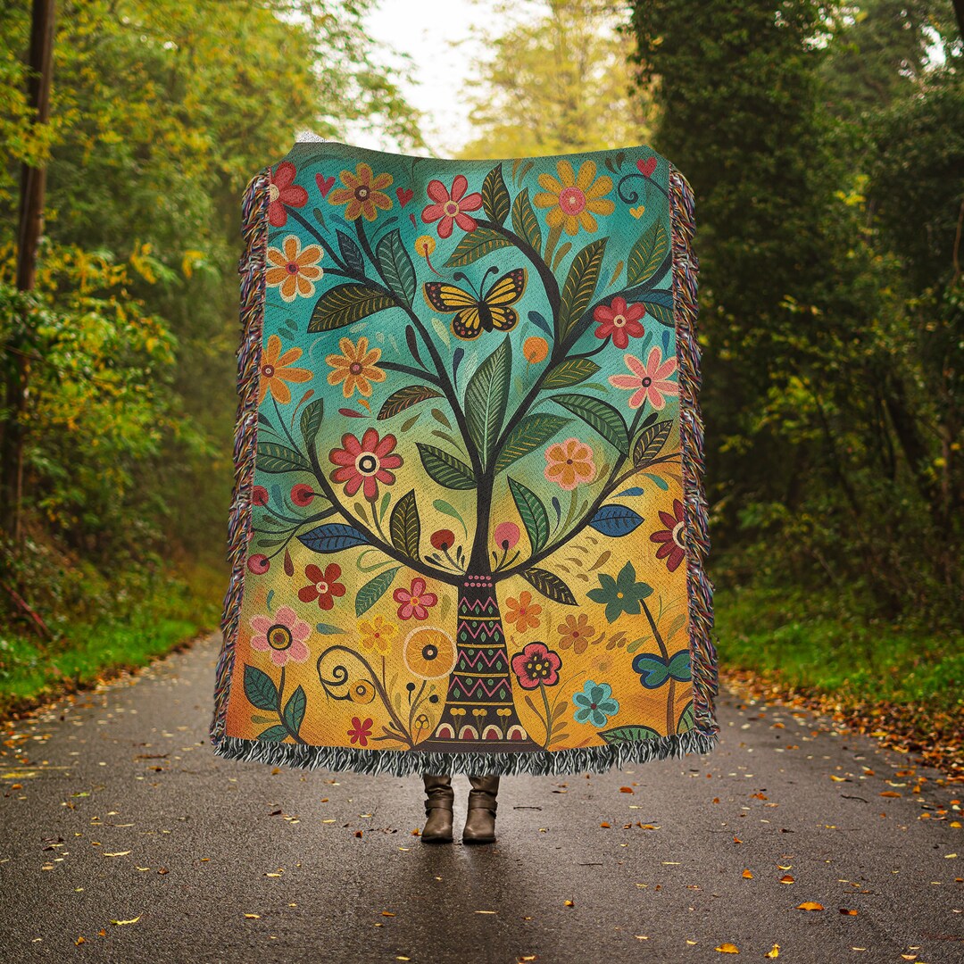 Woven Blanket, Mexican Art Blanket, Folk Art, Woven Blanket, Tree ...