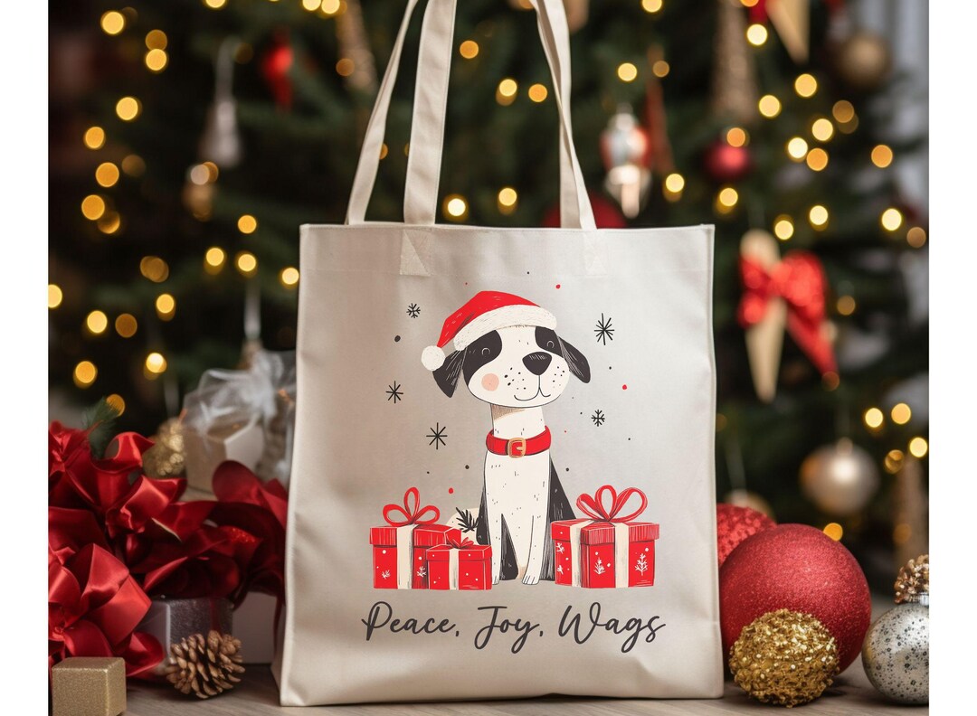 Peace Joy Wags Christmas Tote, Cute Dog Christmas Gift Bag, Reusable ...