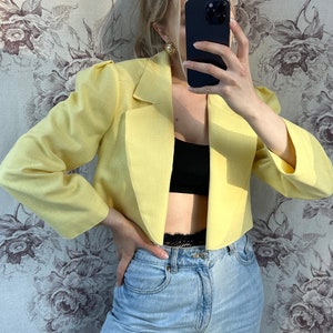 Vintage Yellow Linen Jacket, Women's Summer Cropped Blazer With Puffed ...