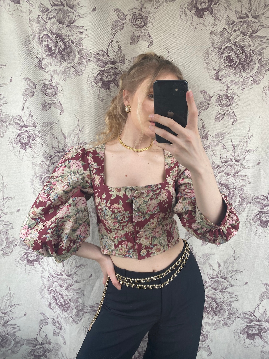 Vintage Style Handmade Red Floral Crop Top With Puff Sleeves - Etsy