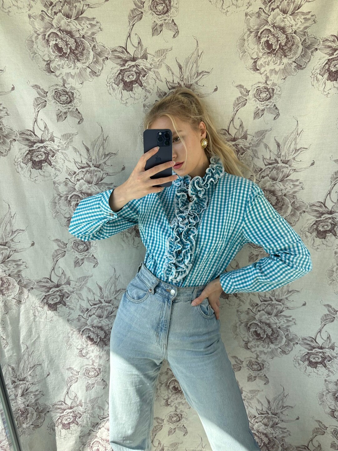 Vintage White and Blue Check Blouse, Cotton Shirt With Ruffles - Etsy