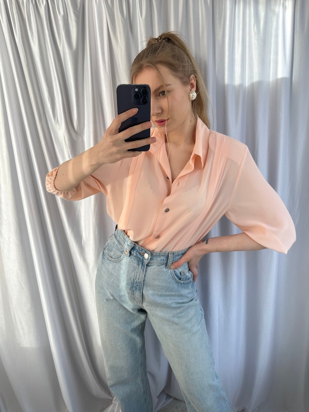 Vintage Salmon Color Blouse With Elbow Bishop Sleeves, Elegant Orange ...