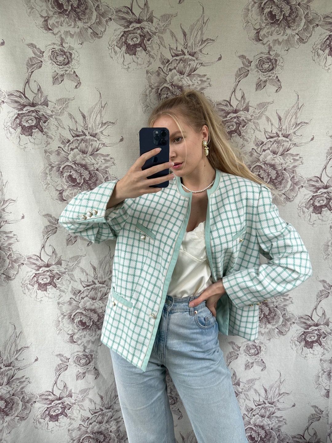 Vintage Green and White Check Blazer, Classy 70s French Style Jacket ...