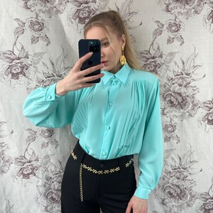 Vintage Turquoise Pleated Blouse, Elegant Womens Shirt With Embroidered ...