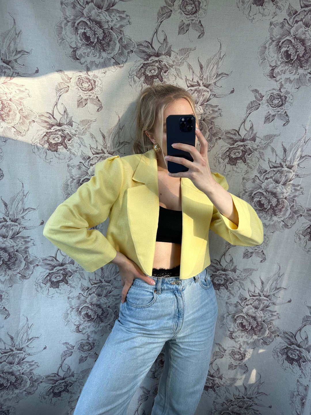 Vintage Yellow Linen Jacket, Women's Summer Cropped Blazer With Puffed ...