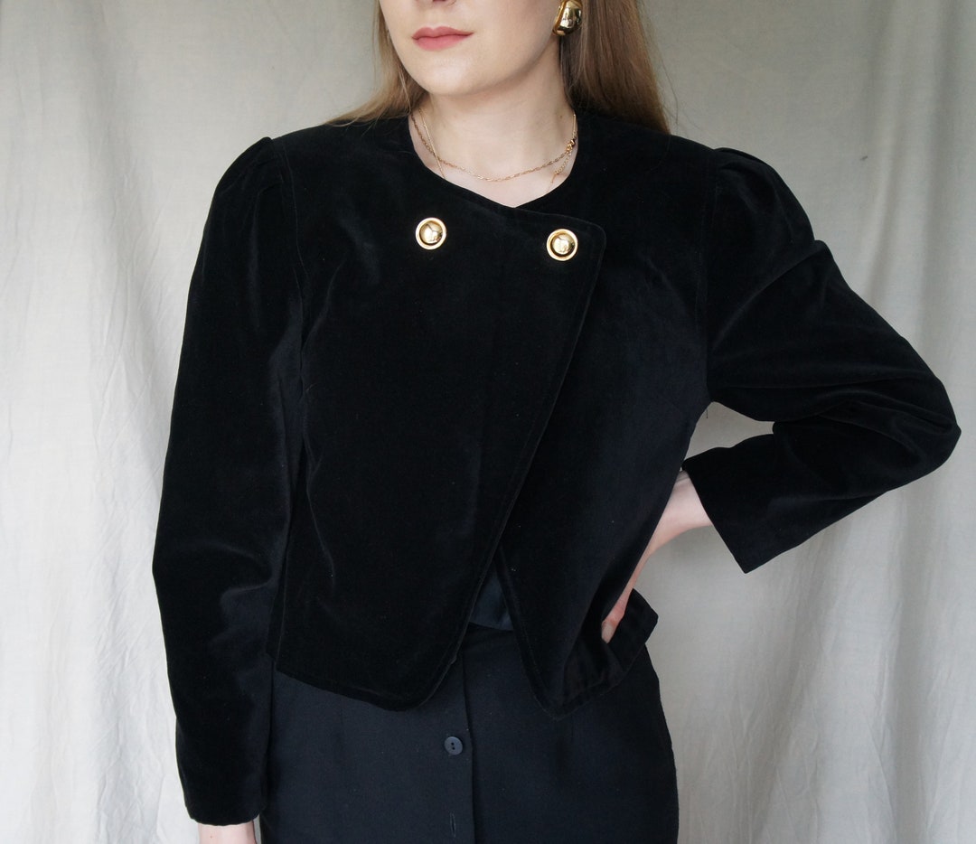 Vintage Black Velvet Jacket With Golden Buttons|feminine Elegant Retro ...