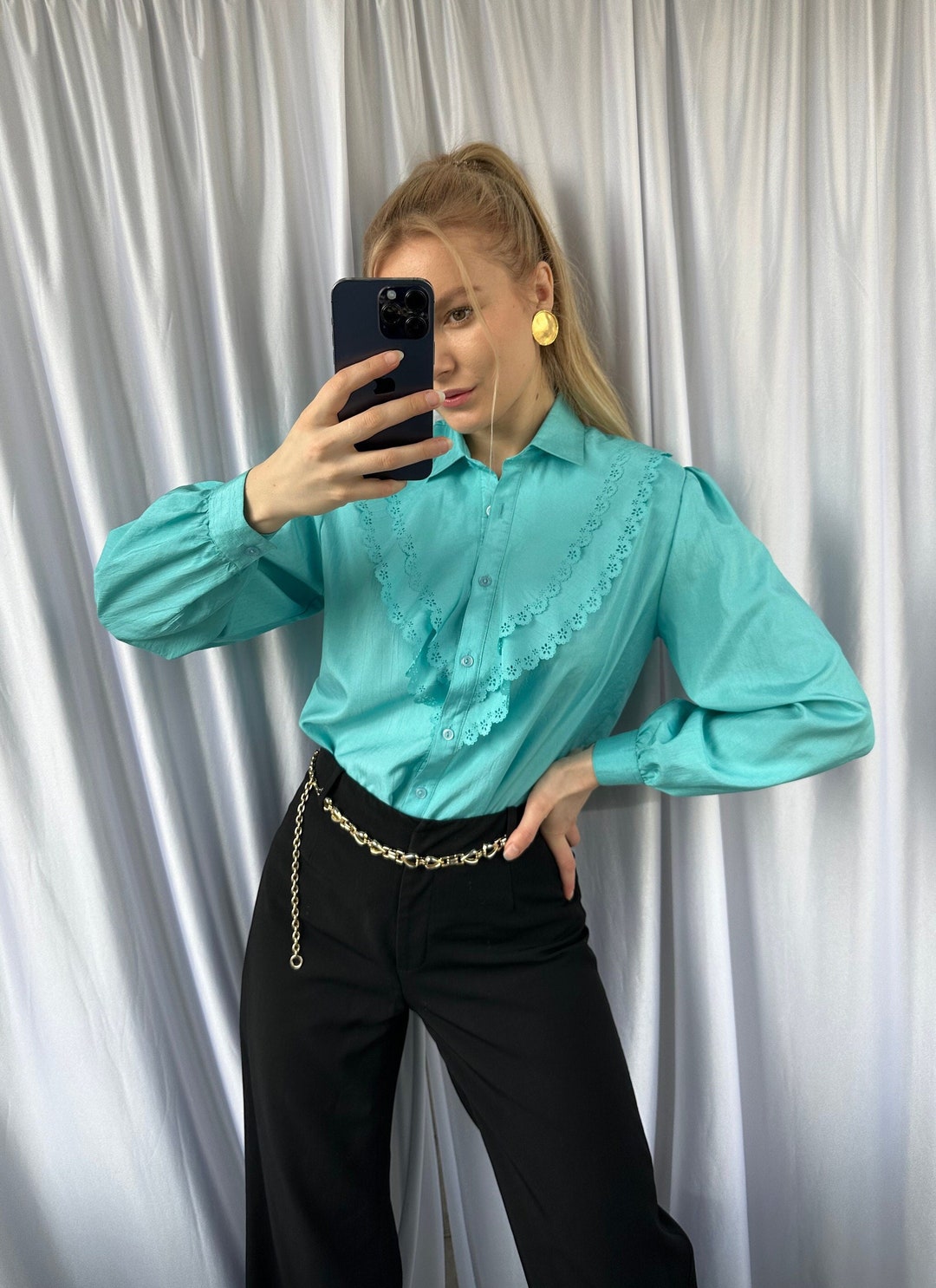 Vintage Turquoise Color Blouse With Ruffle Details, Elegant Women's ...