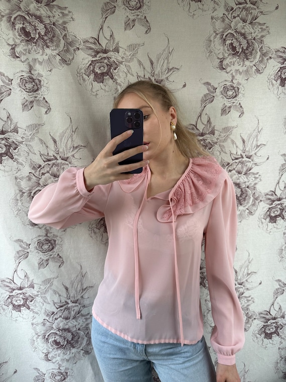 Vintage pink see through blouse with ruffle lace jabo… - Gem