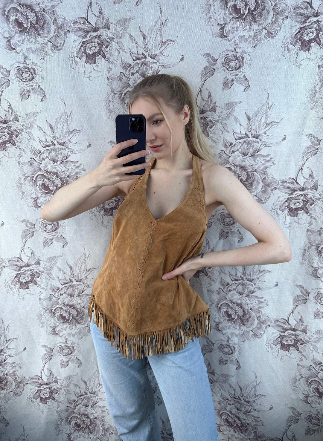 Vintage Leather Western Camel Color Top, Cowboy Style Halter Top With ...