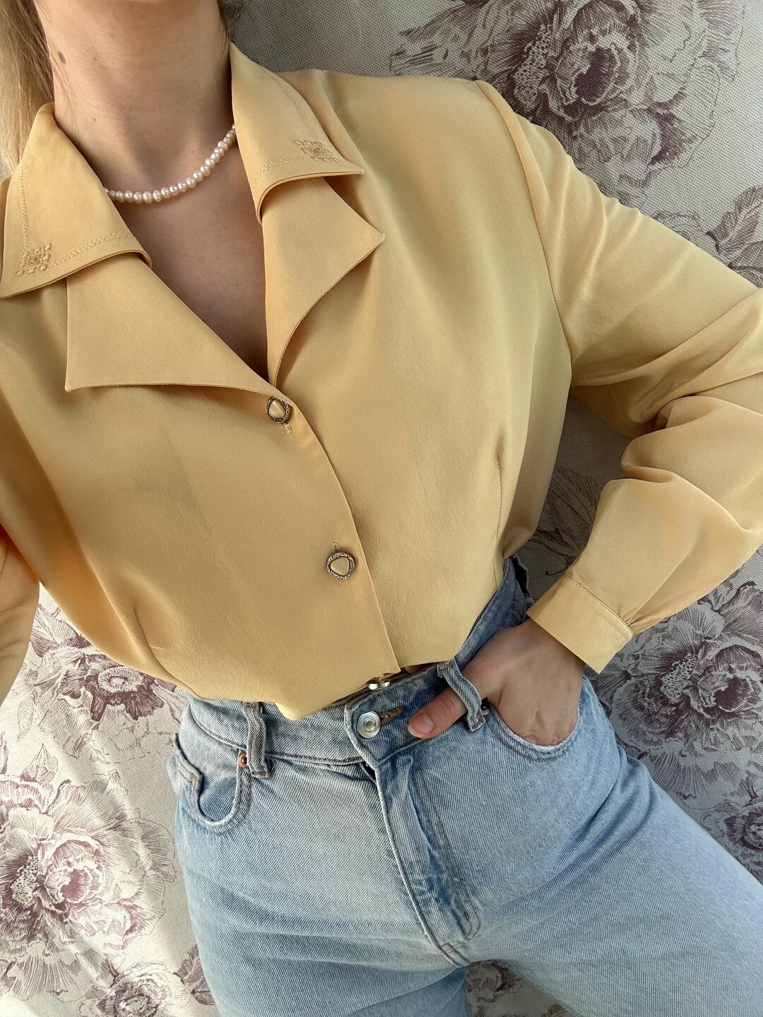 Vintage Yellow Blouse With Double Wing Collar, Elegant Classy Women’s ...