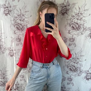 Vintage Red Ruffle Collar Blouse, Elegant Women's Shirt - Etsy