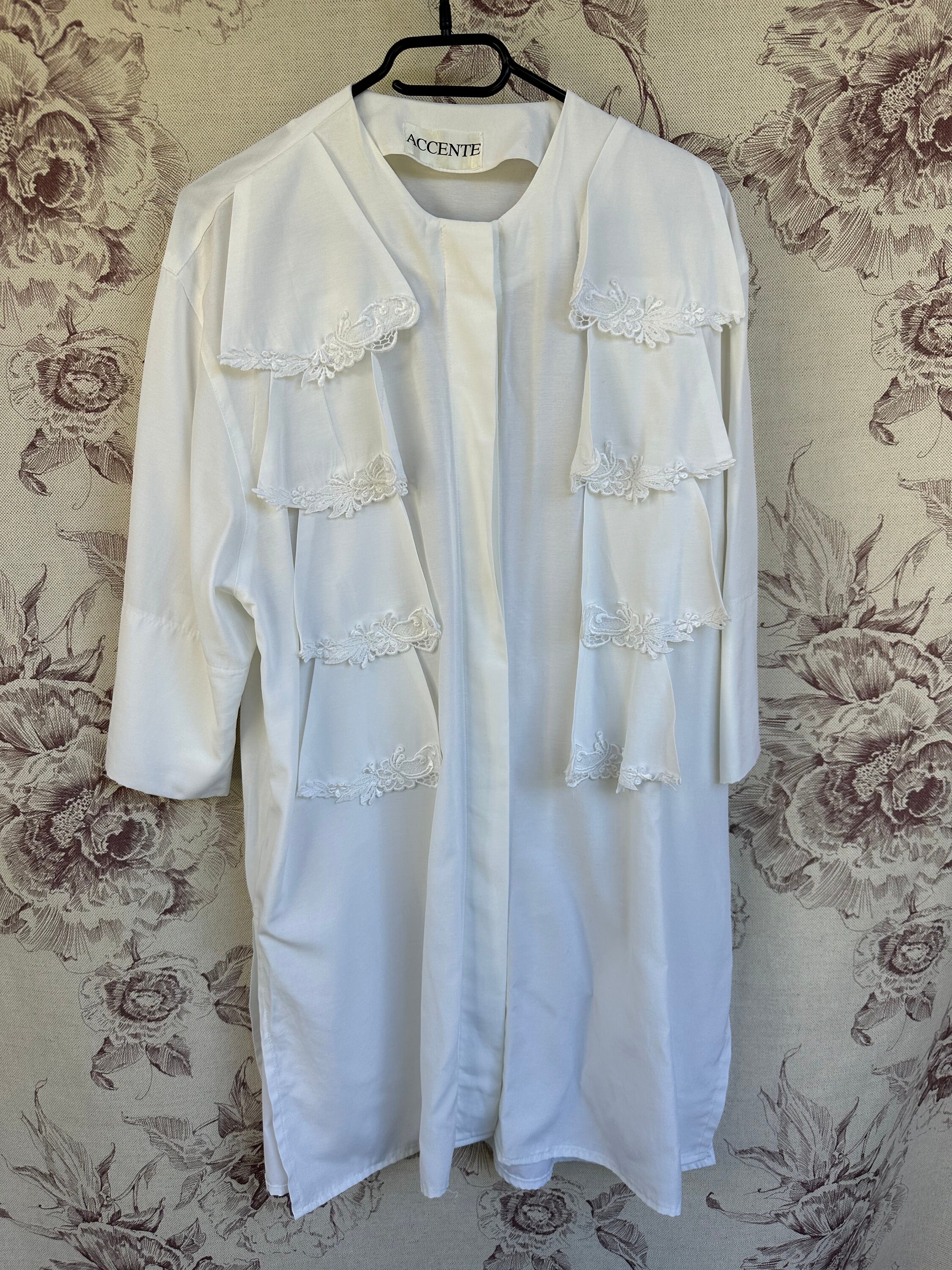 Vintage White Long Blouse With Ruffle Detail and Lace Trim, Unique ...