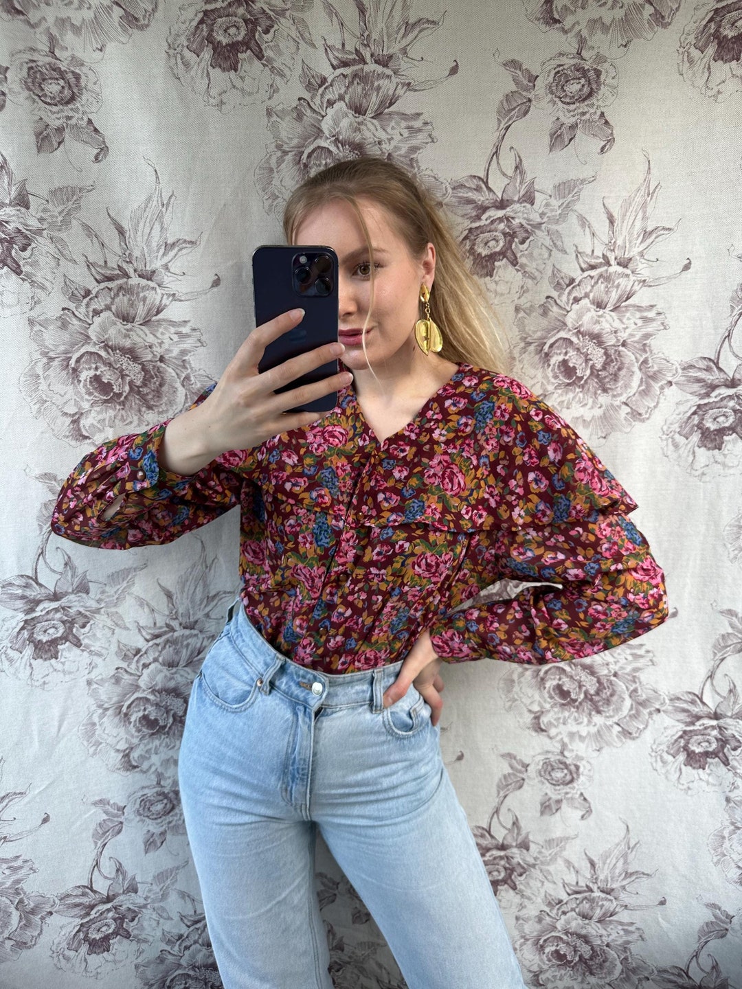 Vintage Dark Red Blouse in Pink and Blue Floral Print, Women's Shirt ...