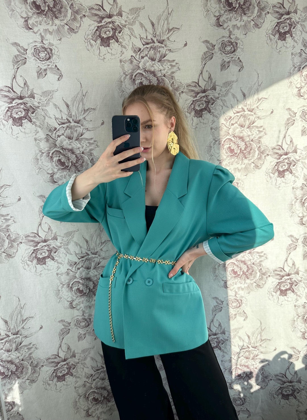 Vintage Blue Turquoise Blazer With Puffed Sleeves, Elegant 80's Women's ...