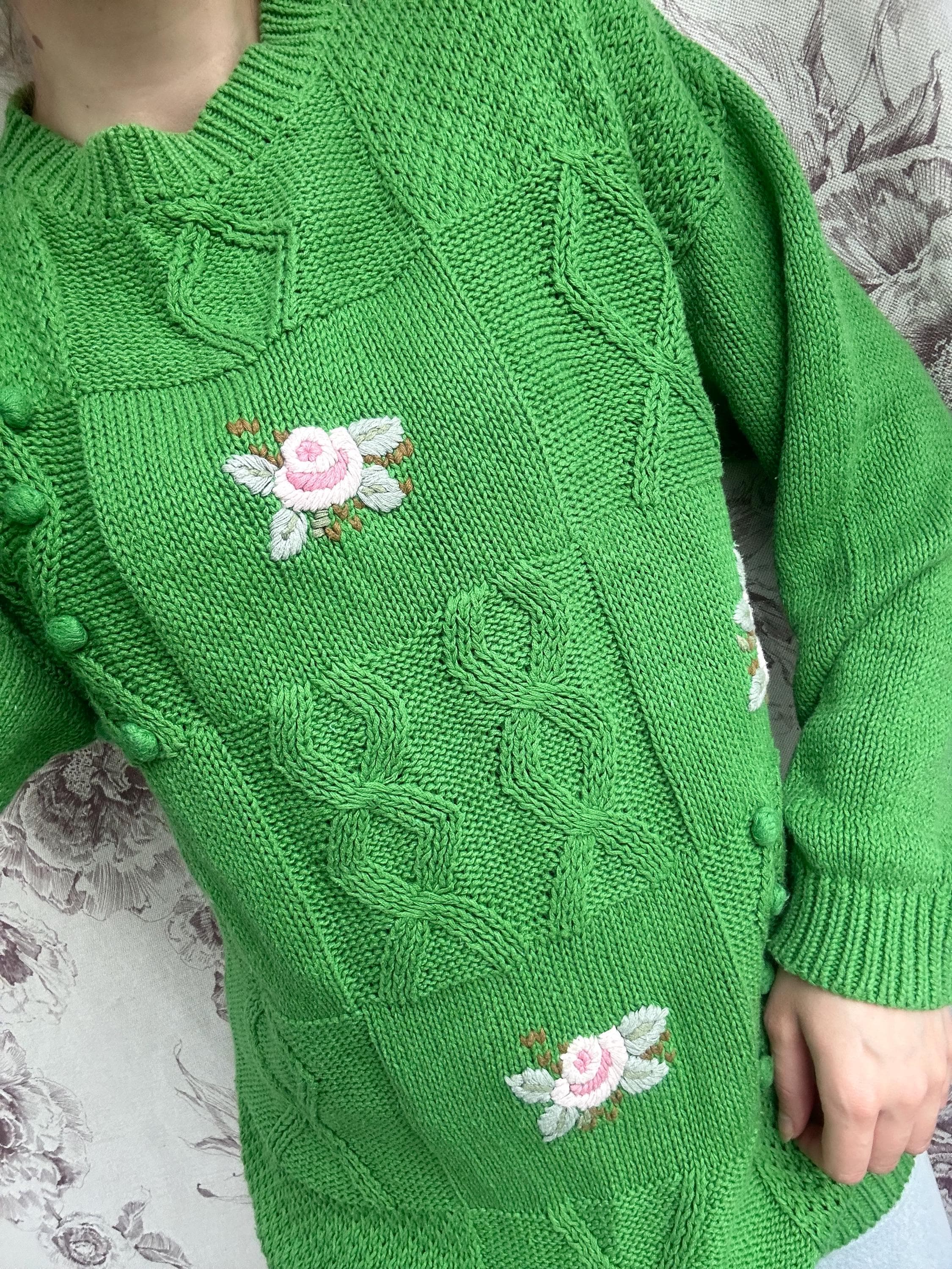 Vintage Green Oversized Sweater With Pink Floral Print, Women’s Knitted ...
