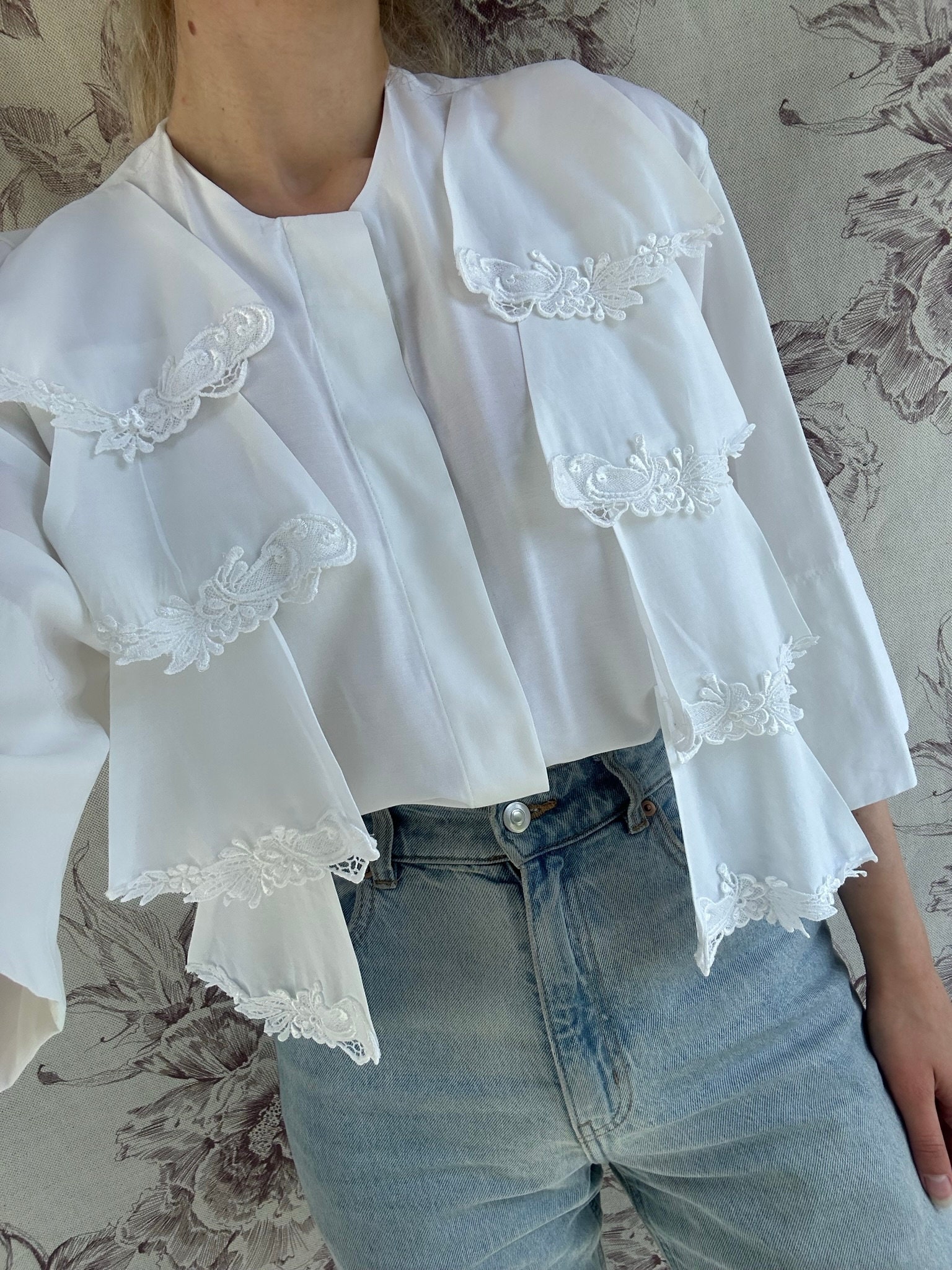 Vintage White Long Blouse With Ruffle Detail and Lace Trim, Unique ...