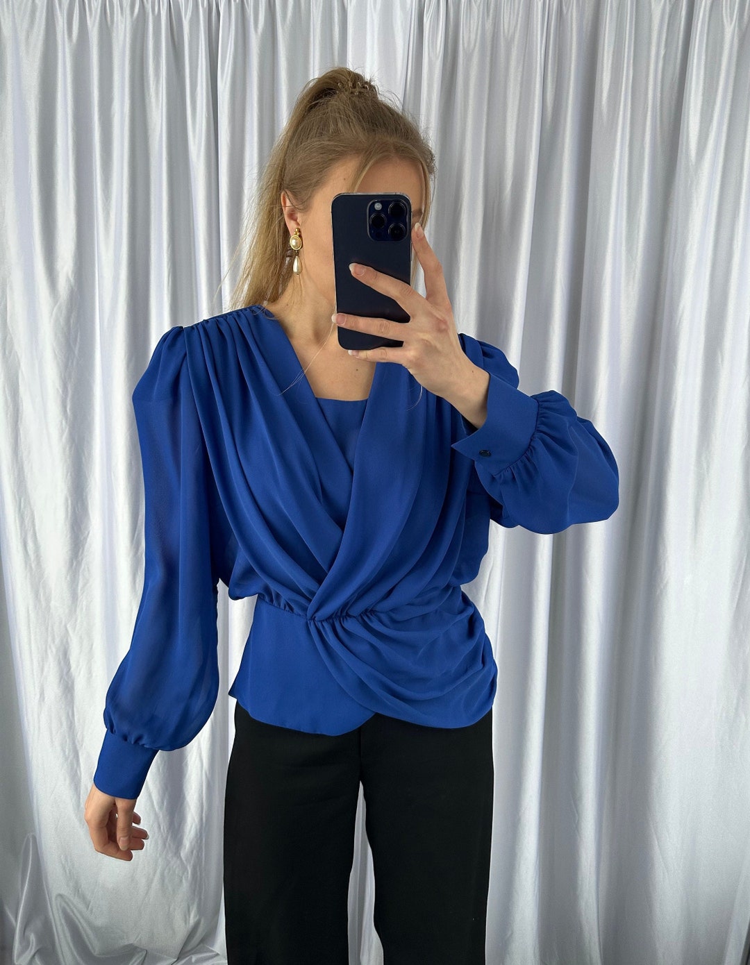 Vintage Blue Draped Basque Blouse Top, Elegant Bishop Sleeve Top - Etsy