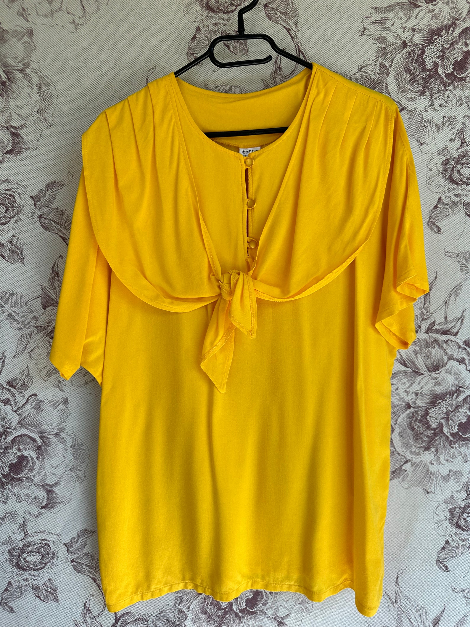 Vintage Cotton Yellow Shirt With Draped Bow Neckline, Bright Plus Size ...