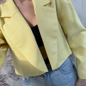 Vintage Yellow Linen Jacket, Women's Summer Cropped Blazer With Puffed ...