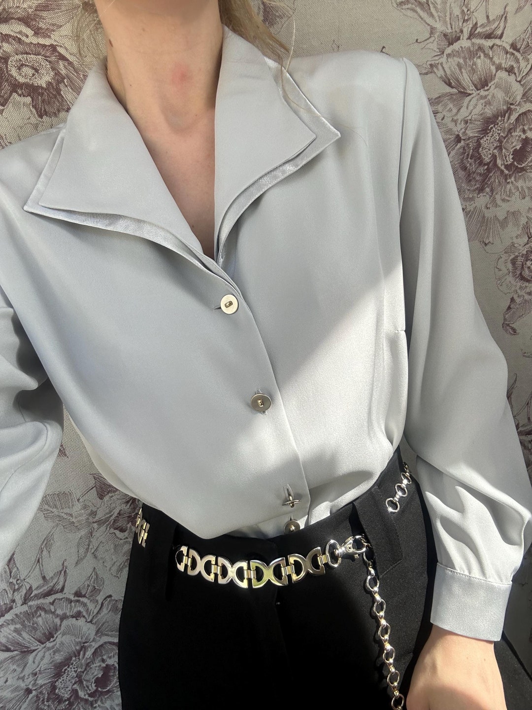 Vintage Grey Blue Blouse With Double Satin Wing Collar, Elegant and ...