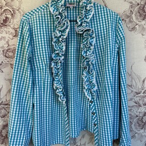 Vintage White and Blue Check Blouse, Cotton Shirt With Ruffles - Etsy