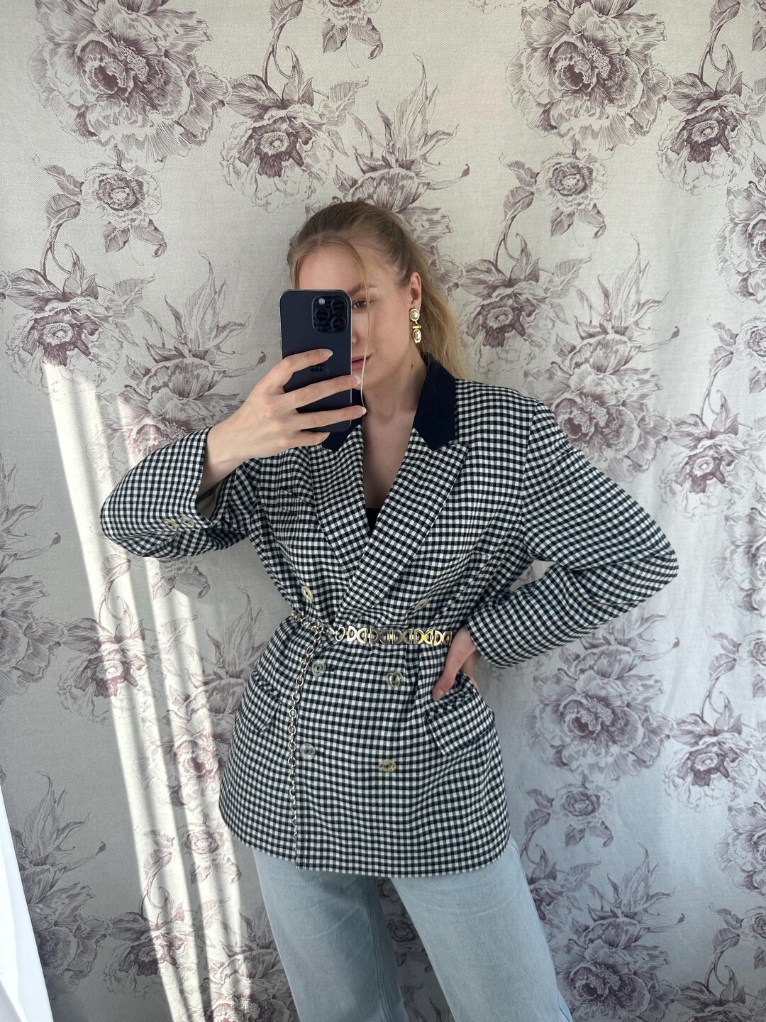 Vintage Black and White Check Pattern, Oversized Women’s Double ...