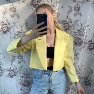 Vintage Yellow Linen Jacket, Women's Summer Cropped Blazer With Puffed ...