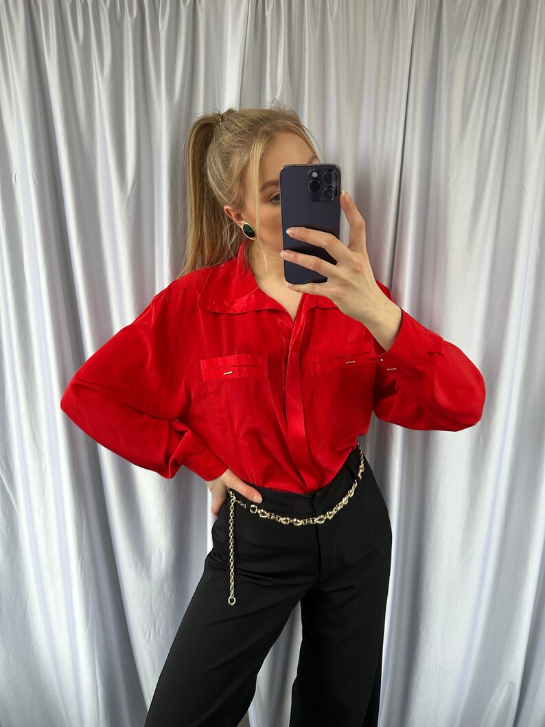 Vintage Red Blouse With Satin Details, Elegant Shirt With Unique ...