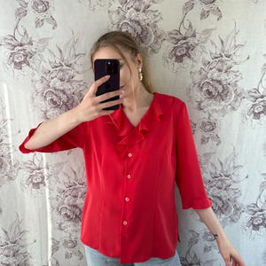 Vintage Red Ruffle Collar Blouse, Elegant Women's Shirt - Etsy