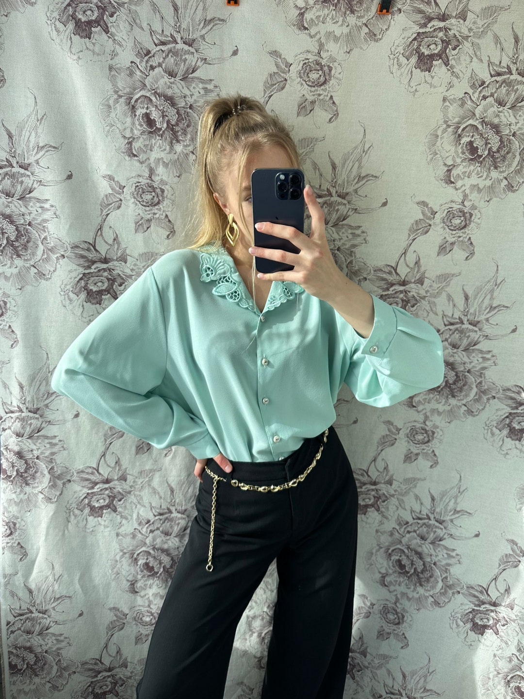 Vintage Mint Embroidered Blouse With Pearl Buttons - Etsy