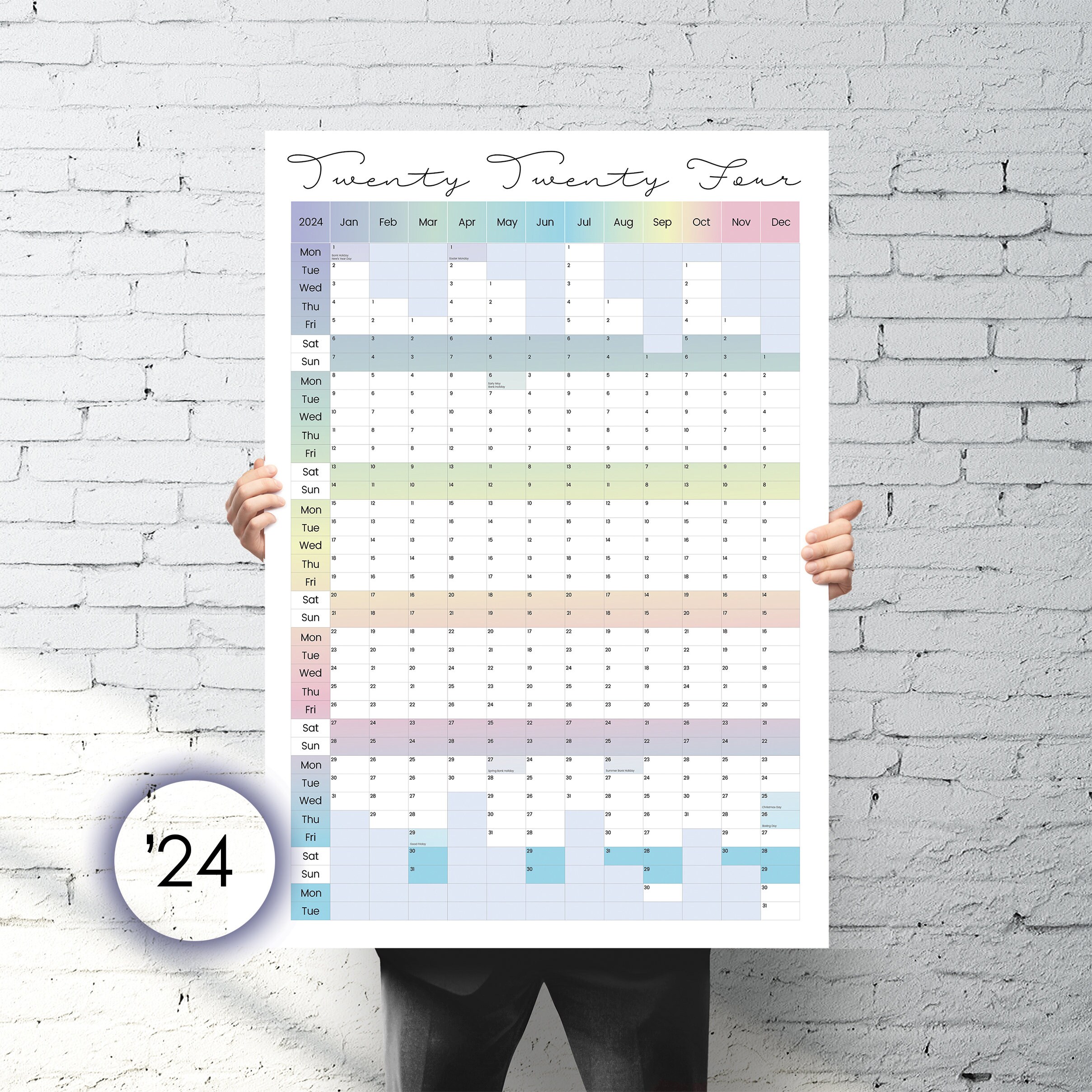 Wall Planner 2024, A0 Wall Calendar, Vertical Planner, UK Bank Holidays ...
