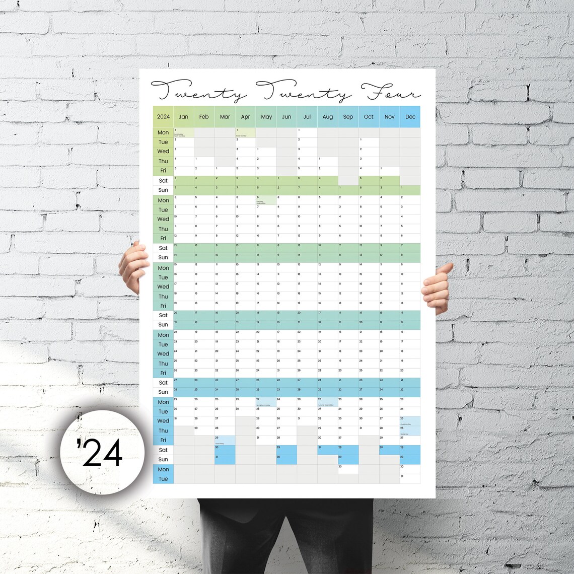 Wall Planner 2024, A1 Wall Calendar, Vertical Planner, UK Bank Holidays ...
