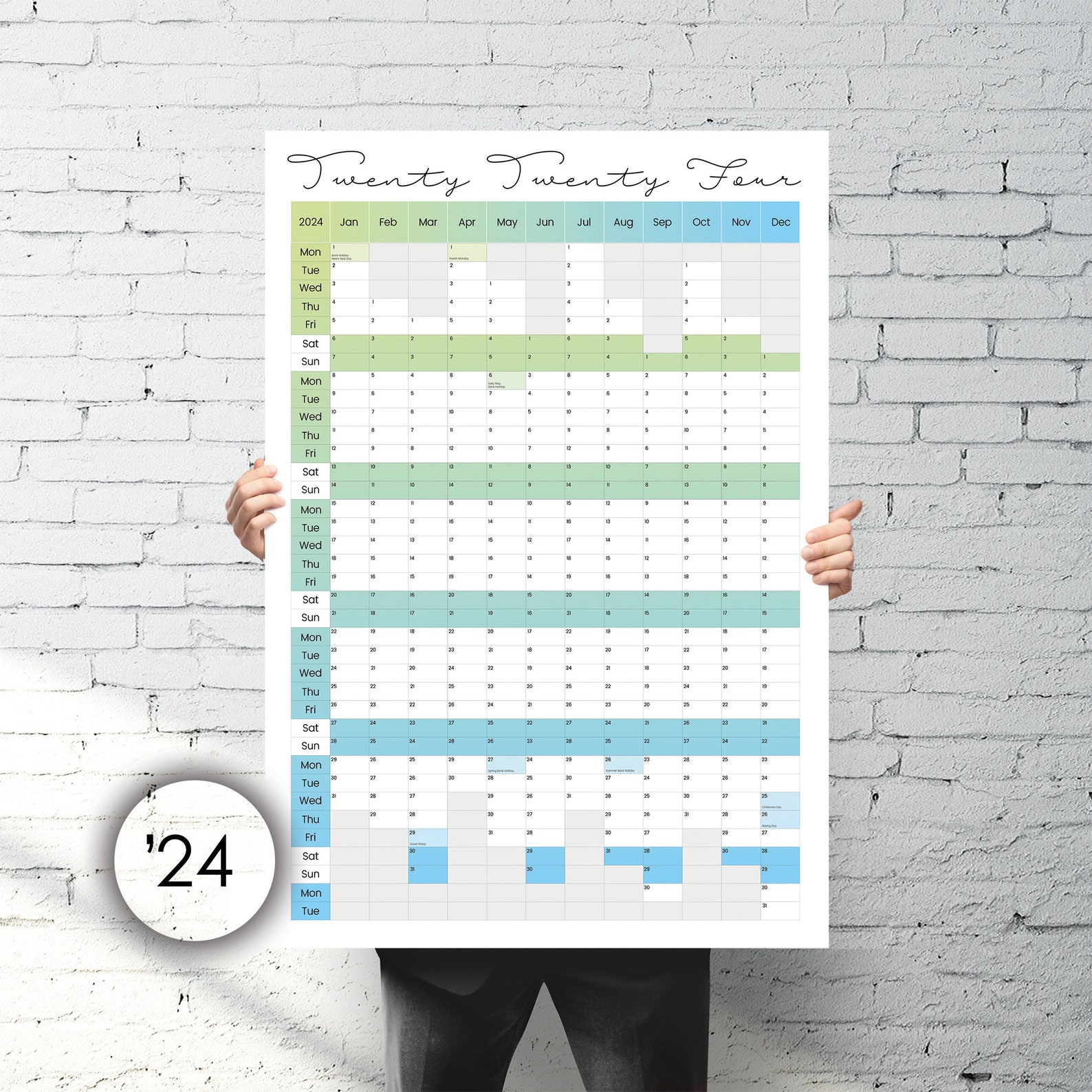 Wall Planner 2024, A1 Wall Calendar, Vertical Planner, UK Bank Holidays ...