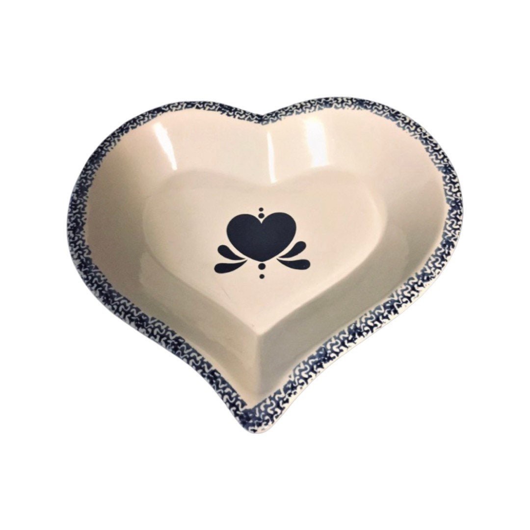 Chaparral Style Heart Shaped Pottery Dish / Sponged Blue Rim and Center ...
