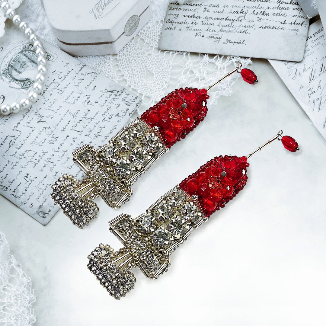 Funny Syringe Brooch, Designer Pin Made of Crystal Clear and Red ...