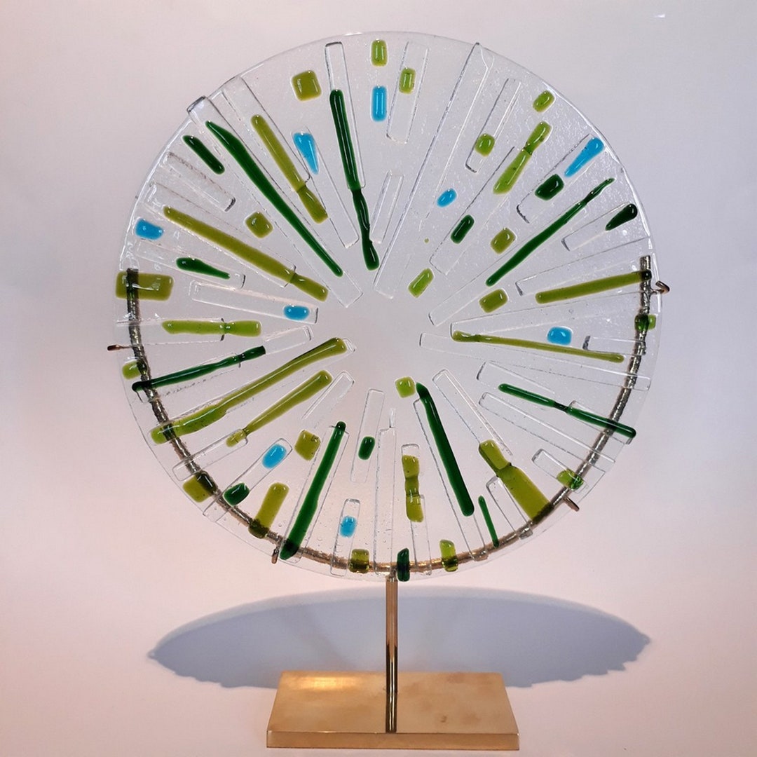 Blue & Green Fused Glass Art: Circle Sculpture With Brass Stand - Etsy