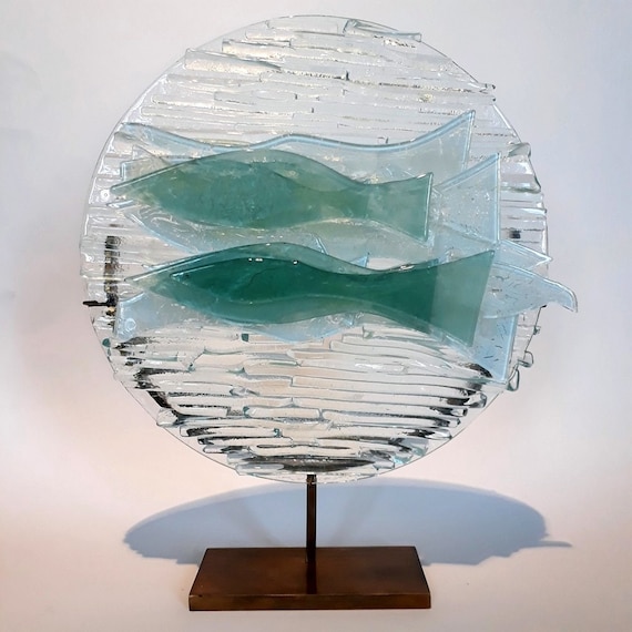 Transparent Glass Sculpture With Brass Stand Fish and Sea - Etsy