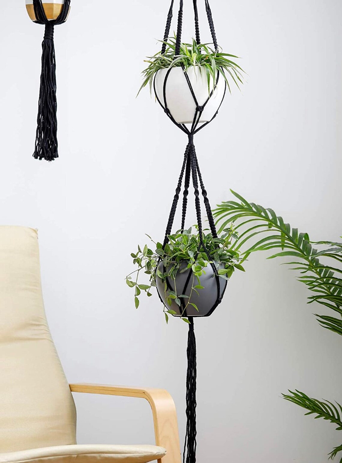 4 Black Macrame Plant Hangers for Indoors or Outdoor Porch | Etsy