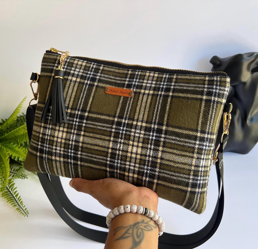 Deep Green Plaid Flannel Clutch Detachable Crossbody Strap Fall Fashion ...