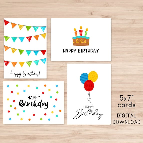 Set of 4 Printable Birthday Cards / Happy Birthday Card / | Etsy