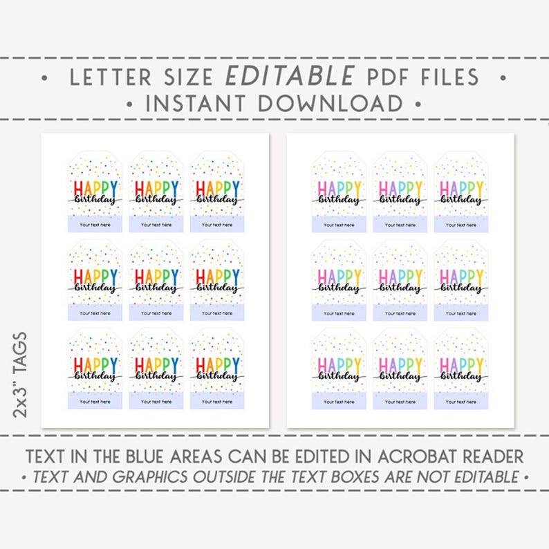 Editable Happy Birthday Gift Tags: Printable PDF (2x3”) - Etsy