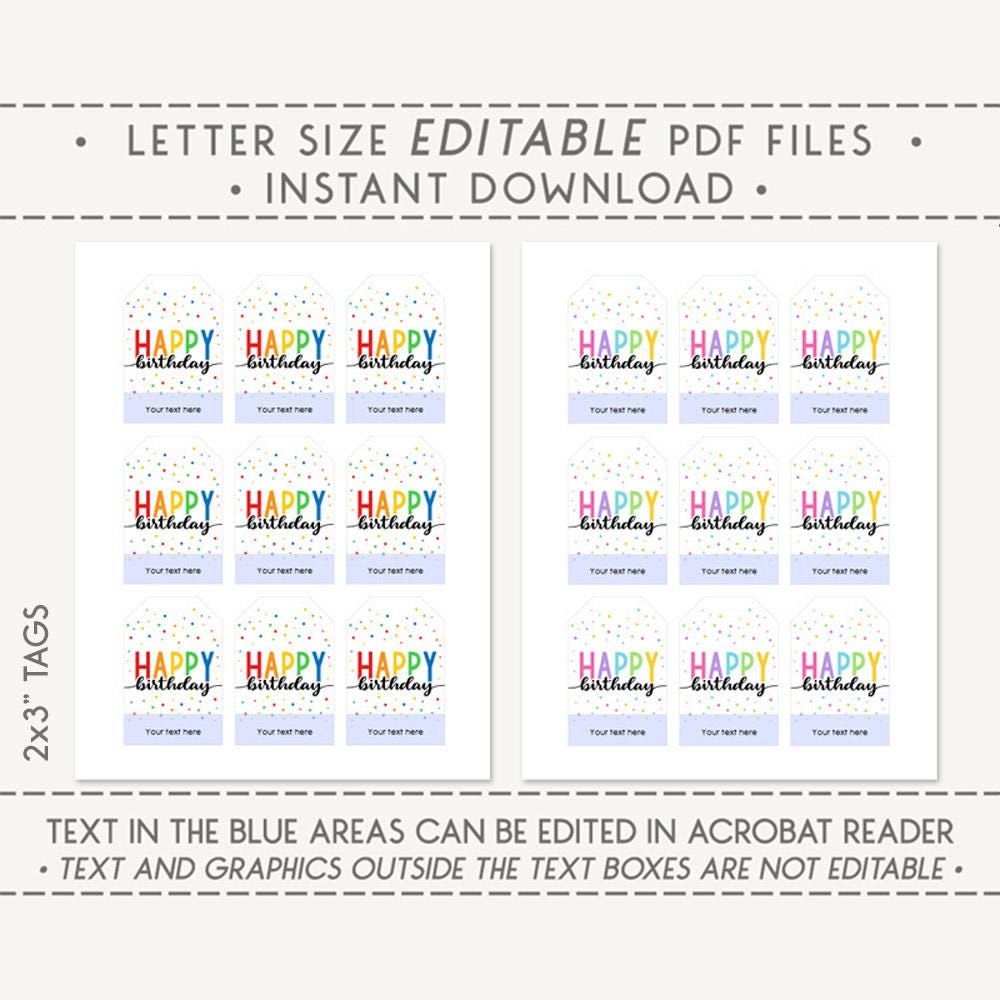 Editable Happy Birthday Gift Tags: Printable PDF (2x3”) - Etsy