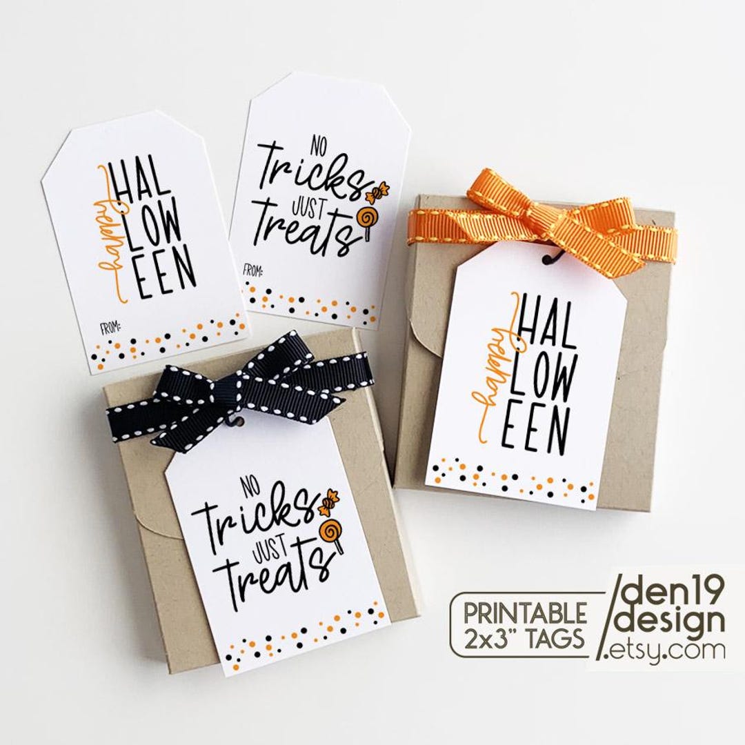 Printable Halloween Favor Tags: No Tricks Just Treats (PDF Files, 2x3 ...