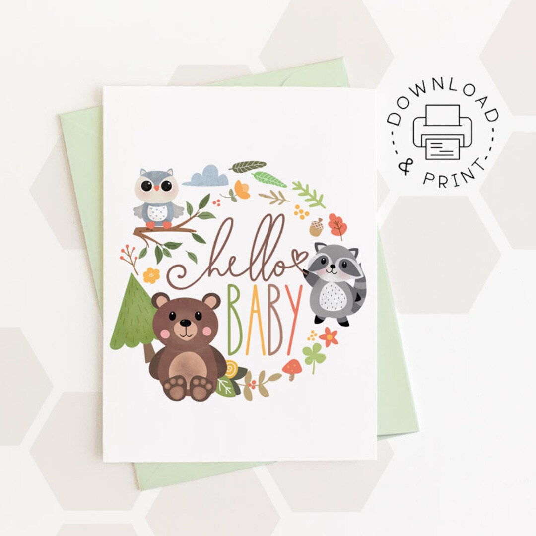 Hello Baby Printable Card / Forest Animals Baby Card Template / Instant ...