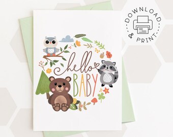 Welcome Baby Printable Card / Forest Animals Baby Card / Instant ...