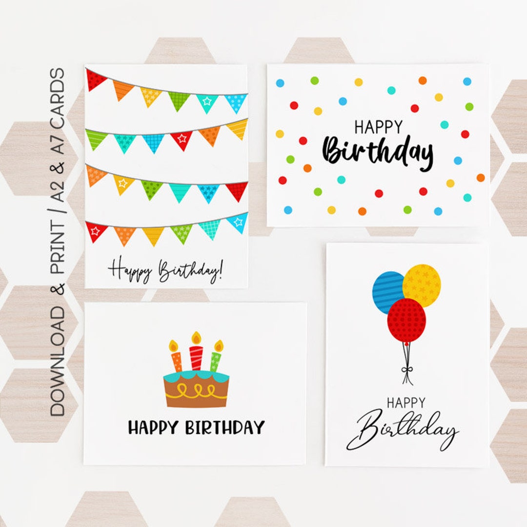 Set of 4 Printable Birthday Cards / Happy Birthday Card / Instant ...
