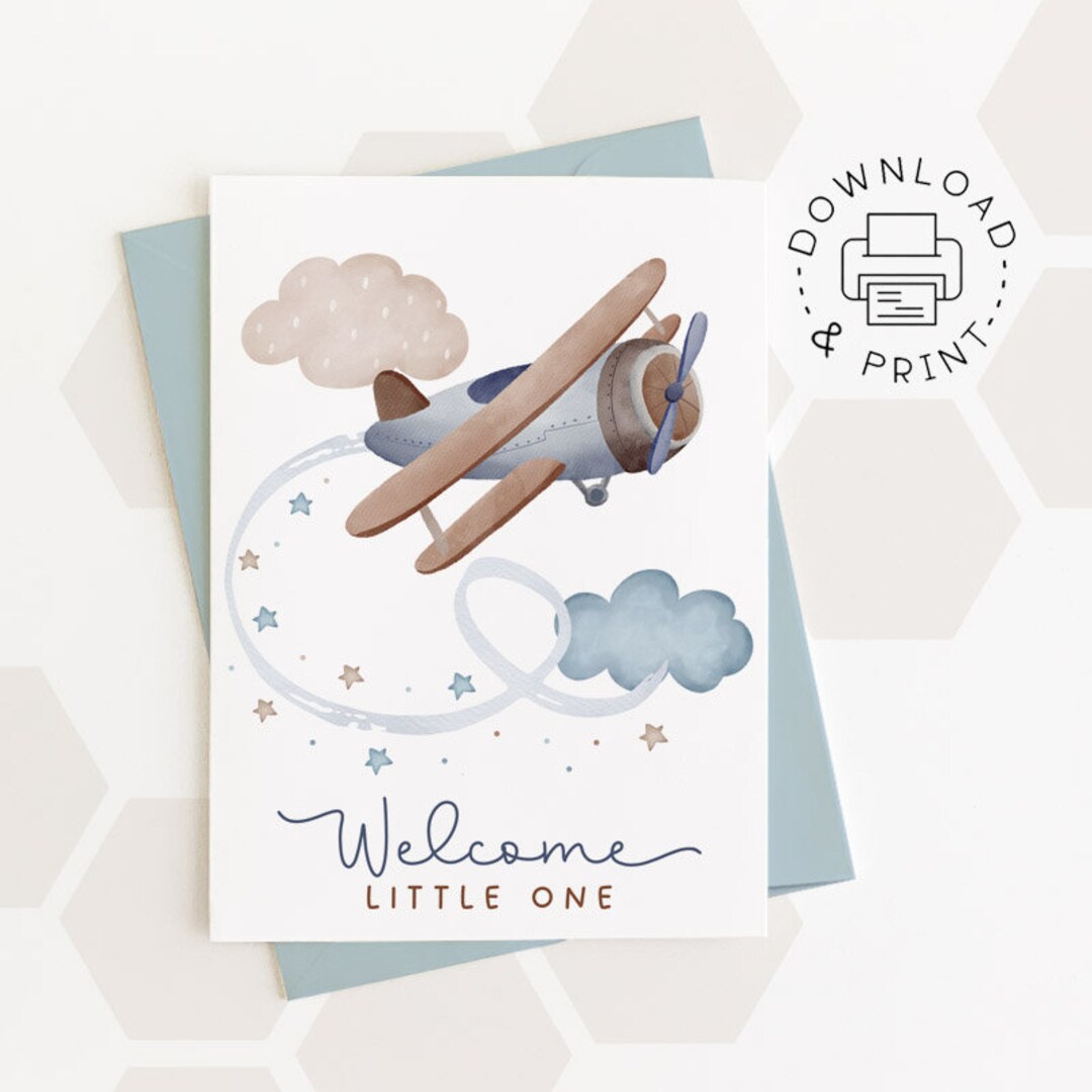 Printable Welcome Little One Card / Vintage Airplane Baby Card Template ...